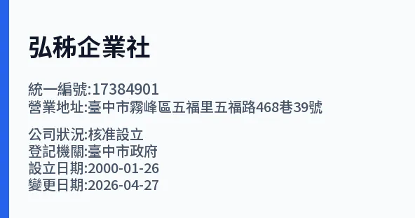 弘秭企業社的照片-統編 17384901(臺中市) 公司登記資料與營業項目詳細圖表