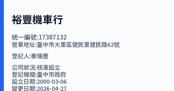 裕豐機車行的照片-統編 17387132(臺中市) 公司登記資料與營業項目詳細圖表