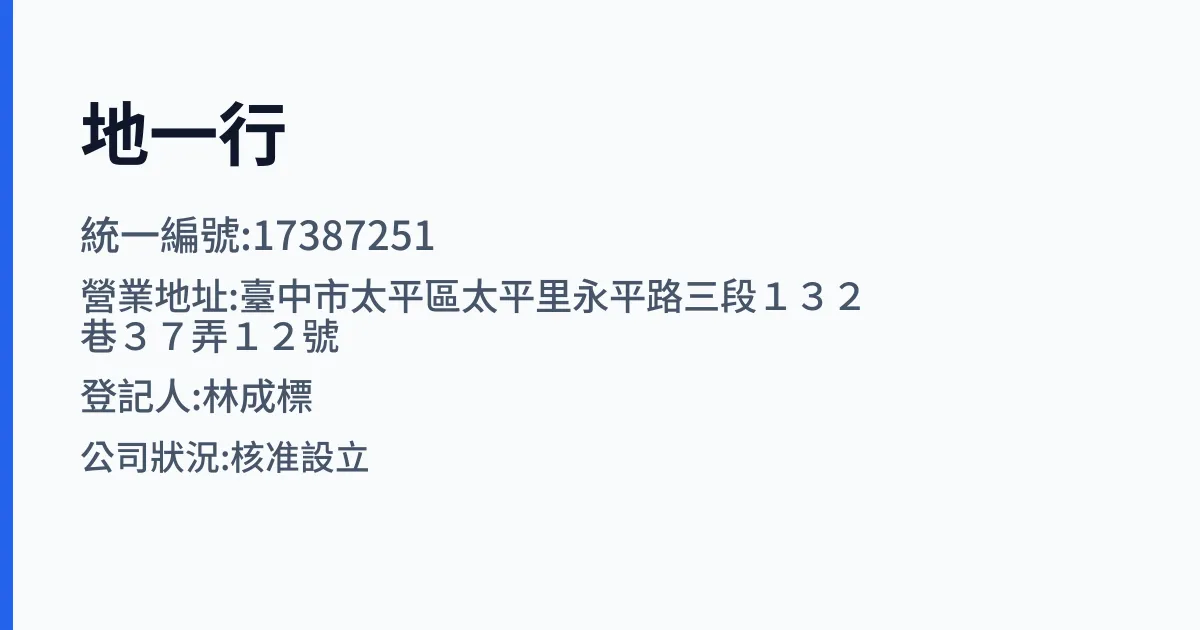 地一行 - 統編 17387251(臺中市) 公司登記資料與營業項目詳細圖表