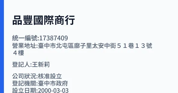 品豐國際商行的照片-統編 17387409(臺中市) 公司登記資料與營業項目詳細圖表