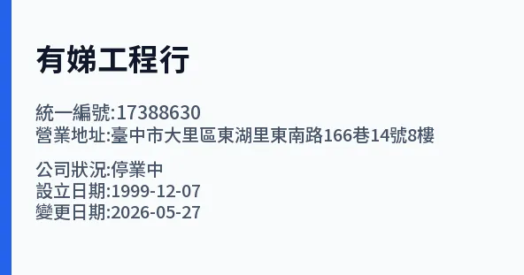 有娣工程行的照片-統編 17388630(臺中市) 公司登記資料與營業項目詳細圖表