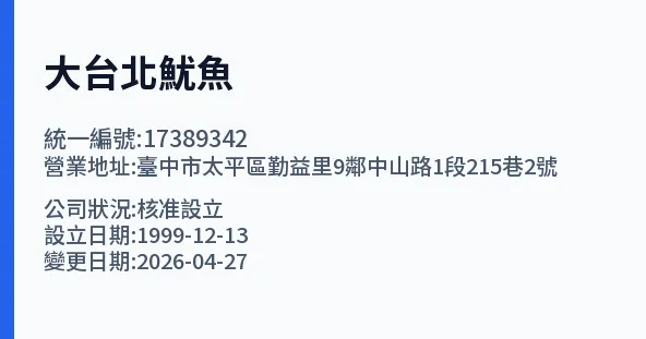 大台北魷魚的照片-統編 17389342(臺中市) 公司登記資料與營業項目詳細圖表