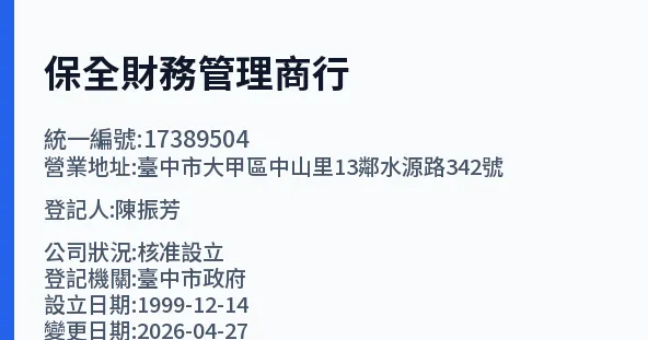 保全財務管理商行的照片-統編 17389504(臺中市) 公司登記資料與營業項目詳細圖表