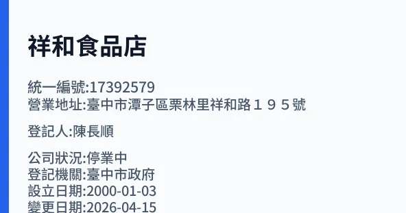 祥和食品店的照片-統編 17392579(臺中市) 公司登記資料與營業項目詳細圖表