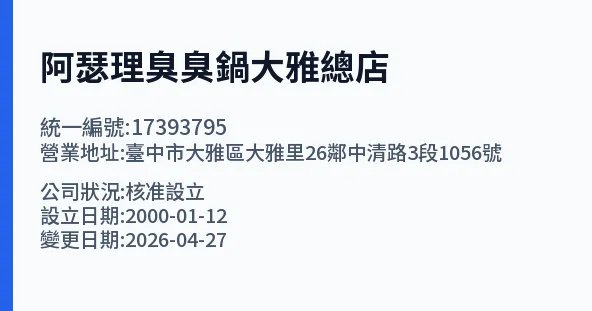 阿瑟理臭臭鍋大雅總店的照片-統編 17393795(臺中市) 公司登記資料與營業項目詳細圖表