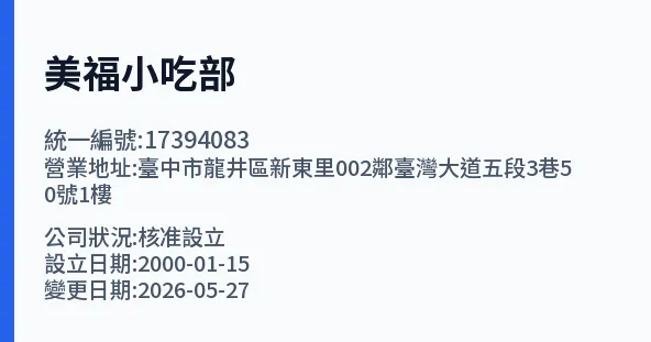 美福小吃部的照片-統編 17394083(臺中市) 公司登記資料與營業項目詳細圖表