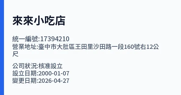 來來小吃店的照片-統編 17394210(臺中市) 公司登記資料與營業項目詳細圖表