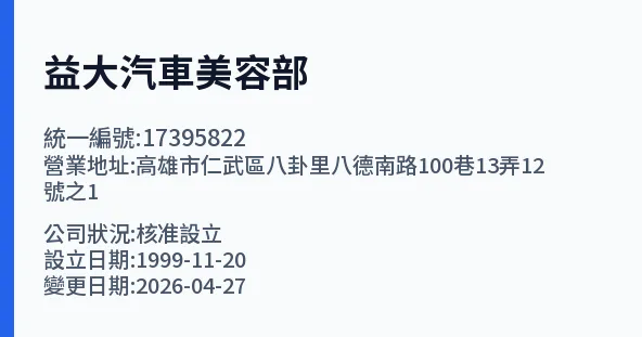 益大汽車美容部的照片-統編 17395822(高雄市) 公司登記資料與營業項目詳細圖表