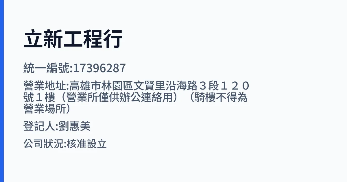 立新工程行 - 統編 17396287(高雄市) 公司登記資料與營業項目詳細圖表