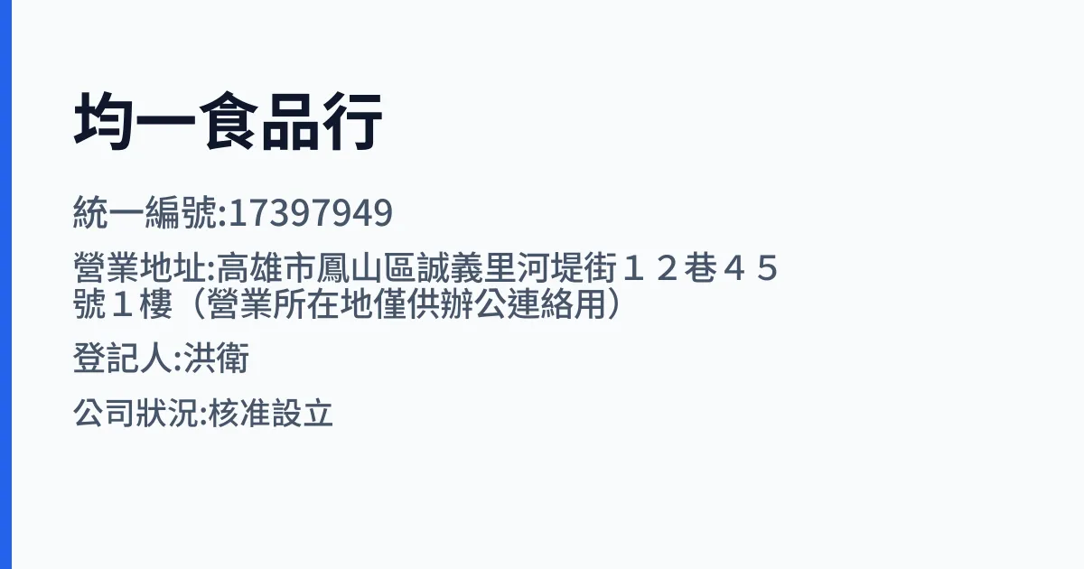 均一食品行 - 統編 17397949(高雄市) 公司登記資料與營業項目詳細圖表