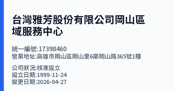 台灣雅芳股份有限公司岡山區域服務中心的照片-統編 17398460(高雄市) 公司登記資料與營業項目詳細圖表