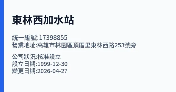 東林西加水站的照片-統編 17398855(高雄市) 公司登記資料與營業項目詳細圖表