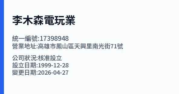 李木森電玩業的照片-統編 17398948(高雄市) 公司登記資料與營業項目詳細圖表
