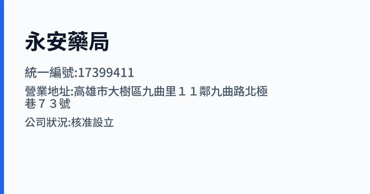 永安藥局 - 統編 17399411(高雄市) 公司登記資料與營業項目詳細圖表
