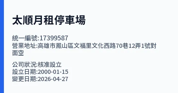 太順月租停車場的照片-統編 17399587(高雄市) 公司登記資料與營業項目詳細圖表