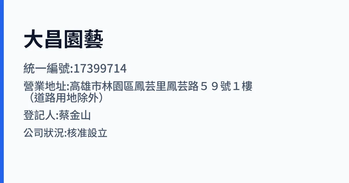 大昌園藝 - 統編 17399714(高雄市) 公司登記資料與營業項目詳細圖表