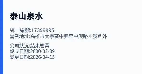 泰山泉水的照片-統編 17399995(高雄市) 公司登記資料與營業項目詳細圖表