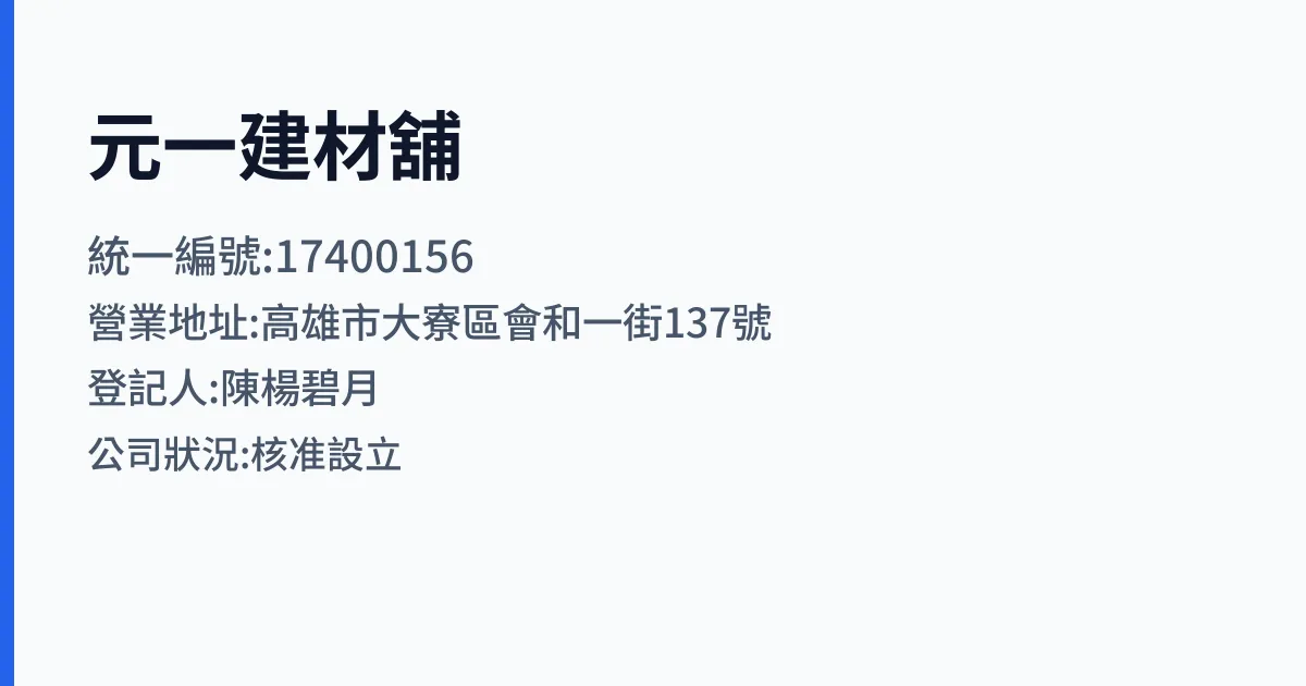 元一建材舖 - 統編 17400156(高雄市) 公司登記資料與營業項目詳細圖表