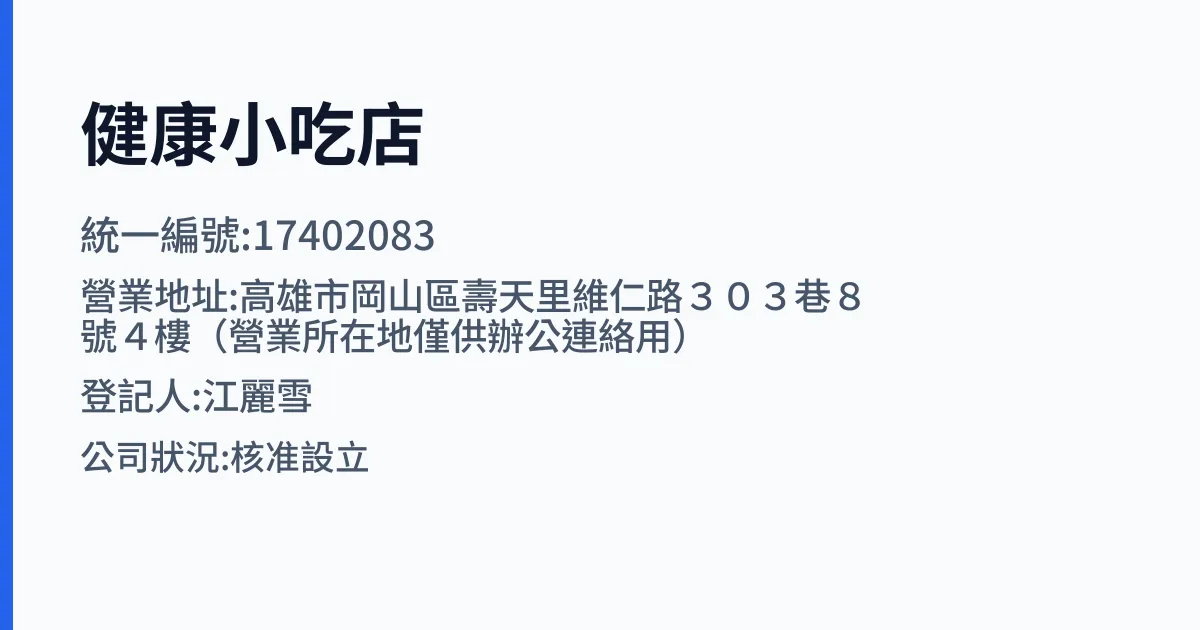 健康小吃店 - 統編 17402083(高雄市) 公司登記資料與營業項目詳細圖表