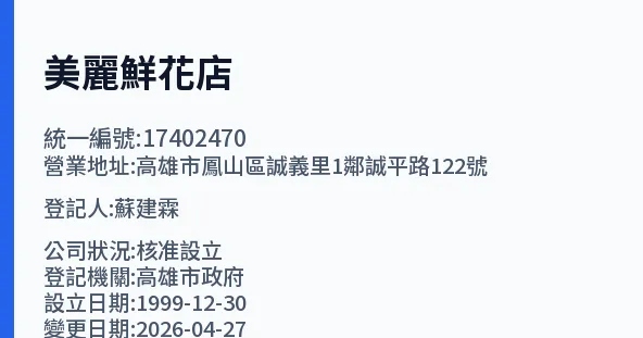 美麗鮮花店的照片-統編 17402470(高雄市) 公司登記資料與營業項目詳細圖表
