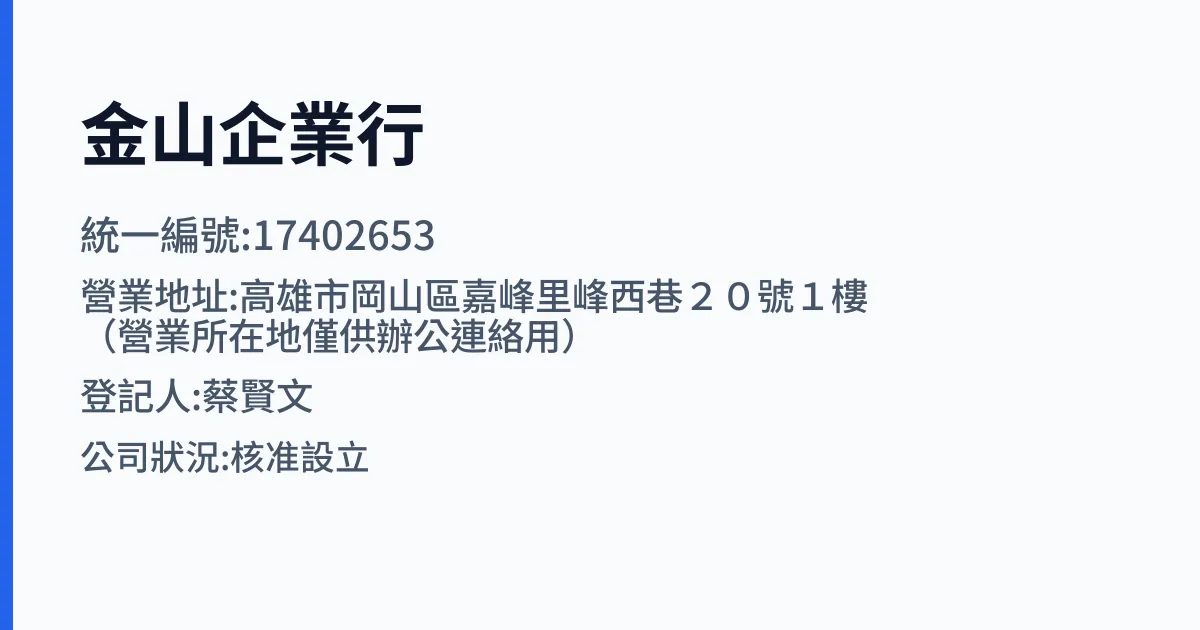 金山企業行 - 統編 17402653(高雄市) 公司登記資料與營業項目詳細圖表