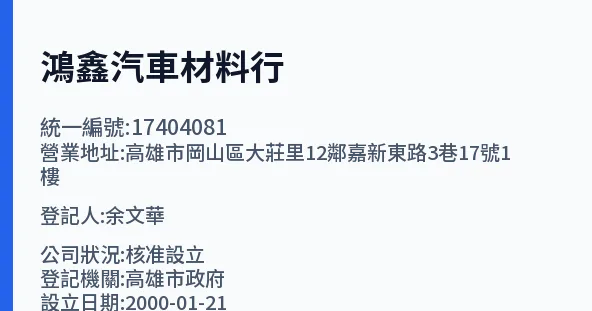 鴻鑫汽車材料行的照片-統編 17404081(高雄市) 公司登記資料與營業項目詳細圖表
