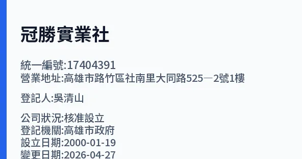 冠勝實業社的照片-統編 17404391(高雄市) 公司登記資料與營業項目詳細圖表