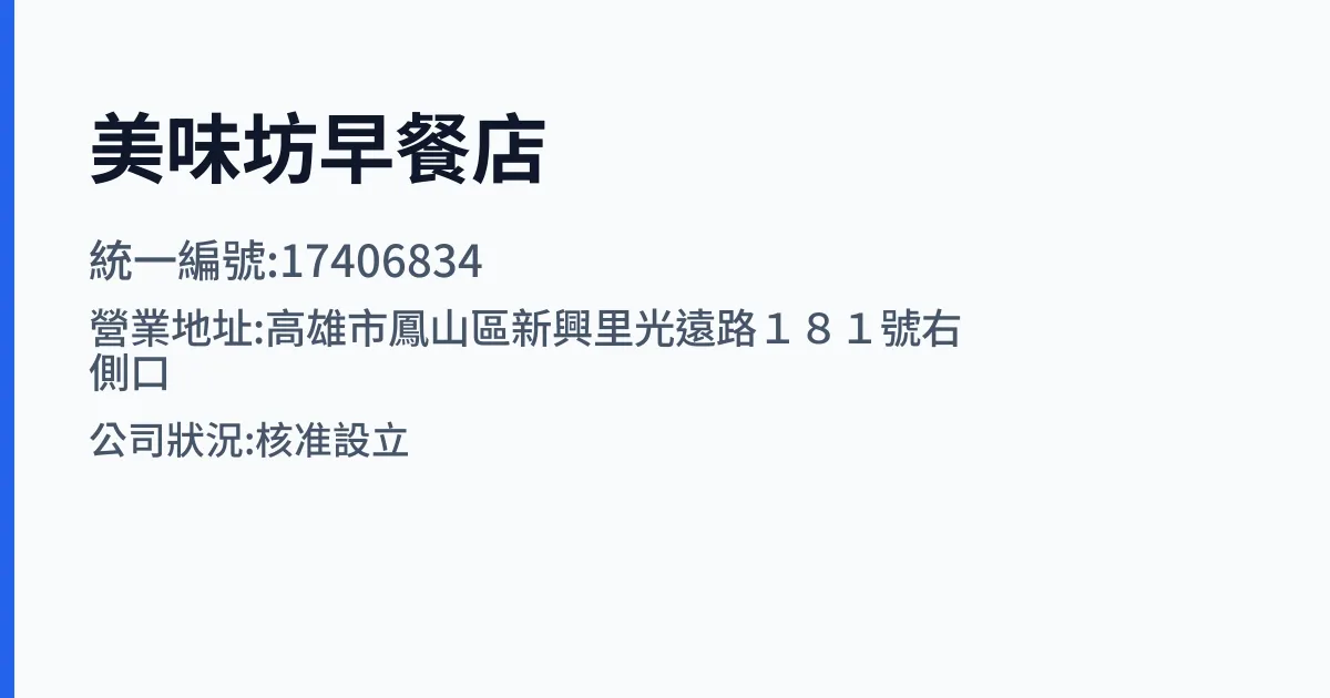 美味坊早餐店 - 統編 17406834(高雄市) 公司登記資料與營業項目詳細圖表