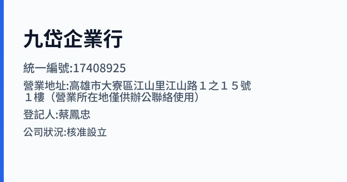九岱企業行 - 統編 17408925(高雄市) 公司登記資料與營業項目詳細圖表