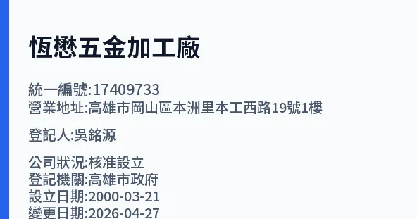 恆懋五金加工廠的照片-統編 17409733(高雄市) 公司登記資料與營業項目詳細圖表