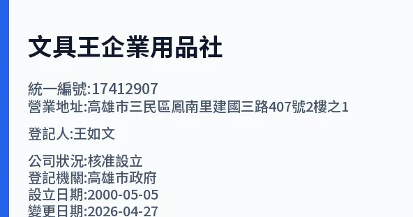 文具王企業用品社的照片-統編 17412907(高雄市) 公司登記資料與營業項目詳細圖表