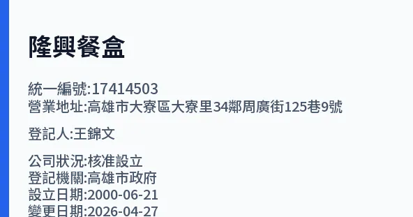 隆興餐盒的照片-統編 17414503(高雄市) 公司登記資料與營業項目詳細圖表