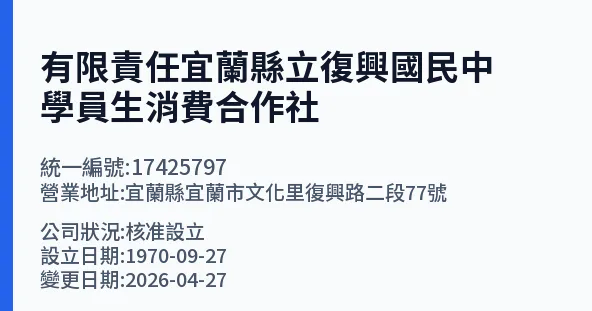 有限責任宜蘭縣立復興國民中學員生消費合作社的照片-統編 17425797(宜蘭縣) 公司登記資料與營業項目詳細圖表