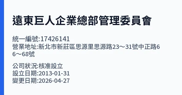 遠東巨人企業總部管理委員會的照片-統編 17426141(新北市) 公司登記資料與營業項目詳細圖表