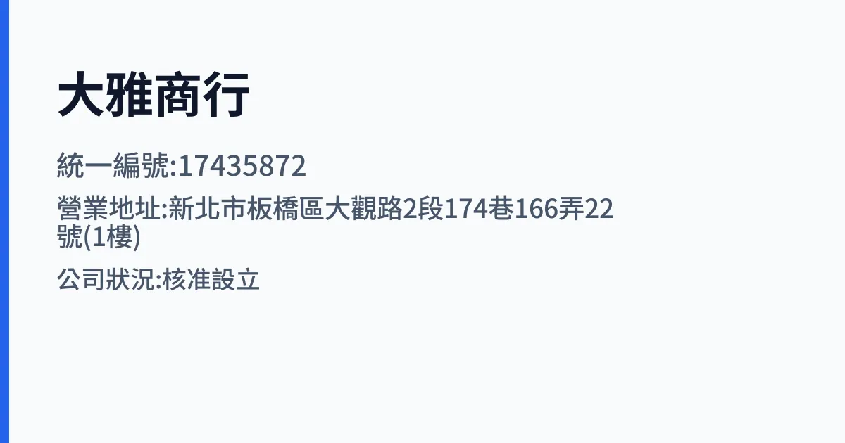 大雅商行 - 統編 17435872(新北市) 公司登記資料與營業項目詳細圖表