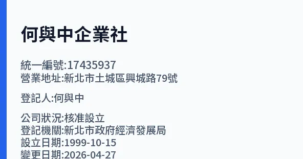 何與中企業社的照片-統編 17435937(新北市) 公司登記資料與營業項目詳細圖表