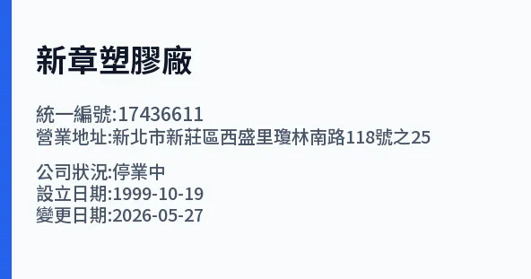 新章塑膠廠的照片-統編 17436611(新北市) 公司登記資料與營業項目詳細圖表