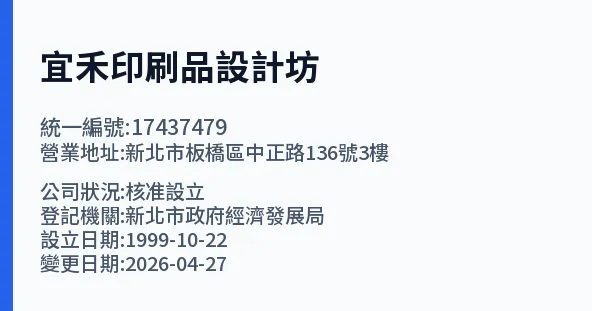 宜禾印刷品設計坊的照片-統編 17437479(新北市) 公司登記資料與營業項目詳細圖表