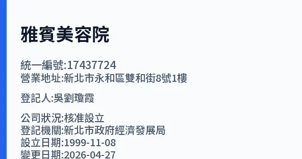 雅賓美容院的照片-統編 17437724(新北市) 公司登記資料與營業項目詳細圖表