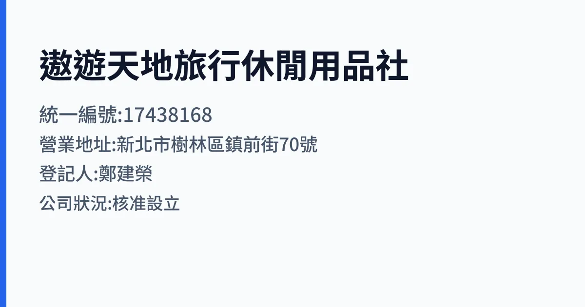 遨遊天地旅行休閒用品社 - 統編 17438168(新北市) 公司登記資料與營業項目詳細圖表