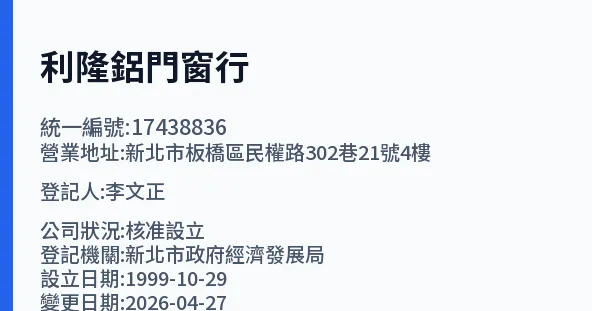 利隆鋁門窗行的照片-統編 17438836(新北市) 公司登記資料與營業項目詳細圖表