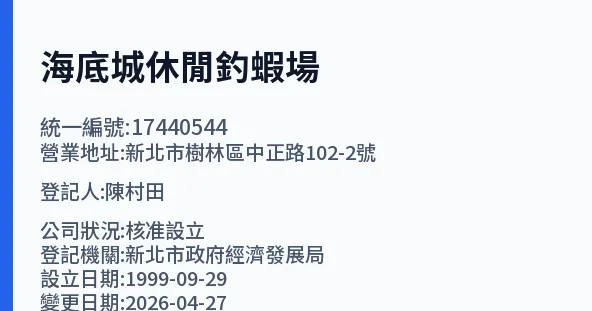 海底城休閒釣蝦場的照片-統編 17440544(新北市) 公司登記資料與營業項目詳細圖表