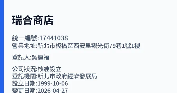 瑞合商店的照片-統編 17441038(新北市) 公司登記資料與營業項目詳細圖表