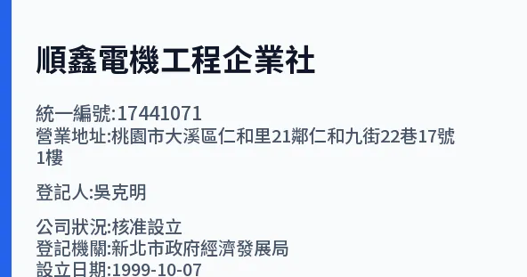 順鑫電機工程企業社的照片-統編 17441071(桃園市) 公司登記資料與營業項目詳細圖表
