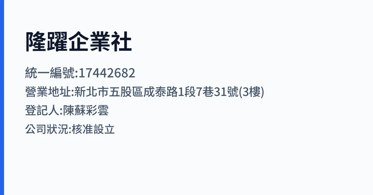 隆躍企業社 - 統編 17442682(新北市) 公司登記資料與營業項目詳細圖表