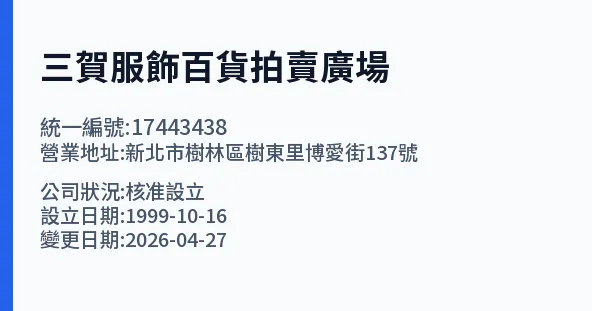 三賀服飾百貨拍賣廣場的照片-統編 17443438(新北市) 公司登記資料與營業項目詳細圖表