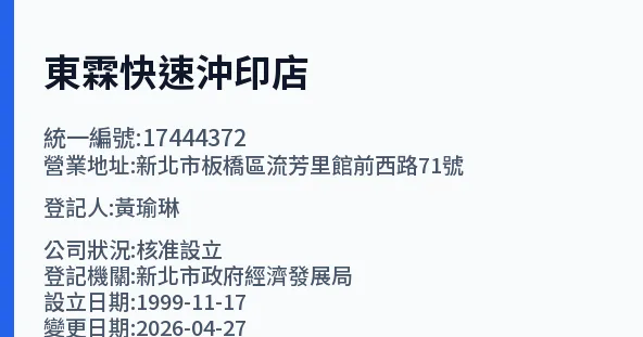 東霖快速沖印店的照片-統編 17444372(新北市) 公司登記資料與營業項目詳細圖表