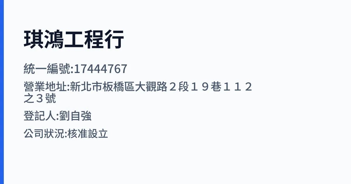 琪鴻工程行 - 統編 17444767(新北市) 公司登記資料與營業項目詳細圖表