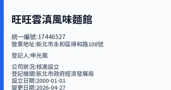 旺旺雲滇風味麵館的照片-統編 17446527(新北市) 公司登記資料與營業項目詳細圖表
