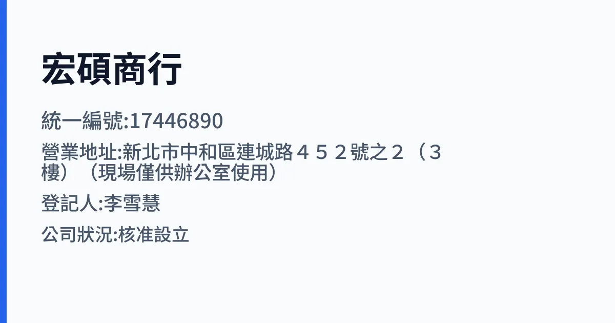 宏碩商行 - 統編 17446890(新北市) 公司登記資料與營業項目詳細圖表